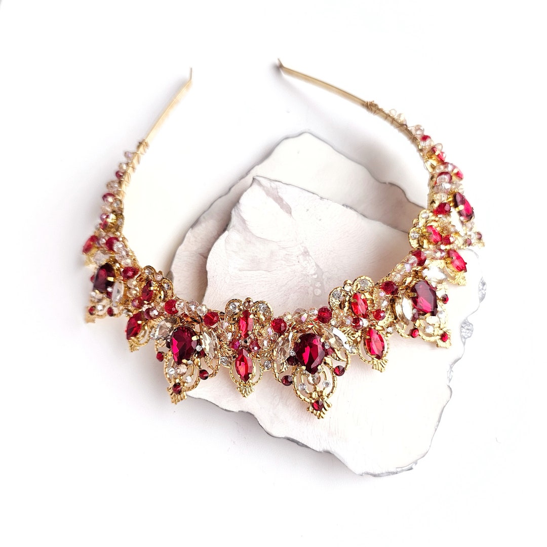 Gold Red Crown Gold Birthday Crown Red Tiara for Women Ruby Crown Gold ...