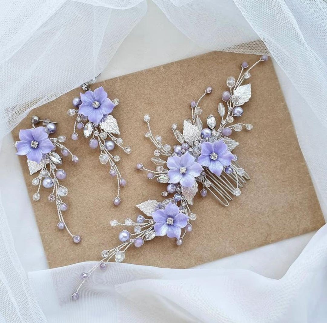 Lilac White Flowers Bridal Comb. Lavender Hair Comb Wedding Floral ...