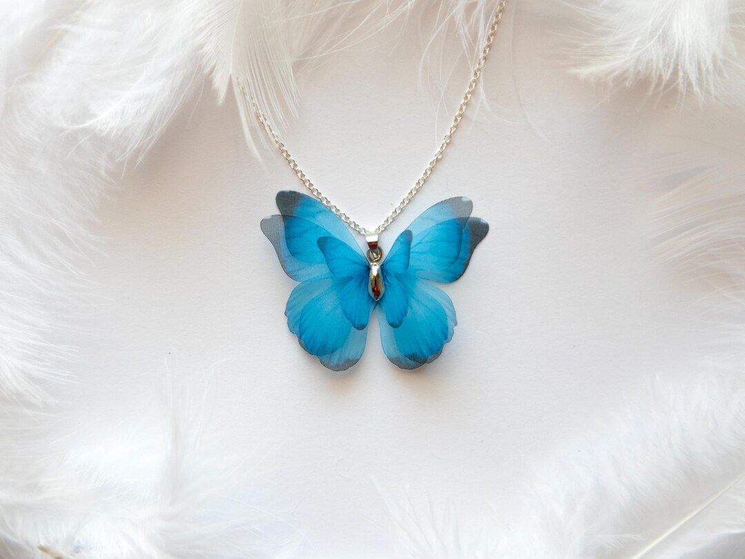 Ocean Sky Butterfly Necklace, Bright Blue 3D Silk Cottagecore Pendant ...