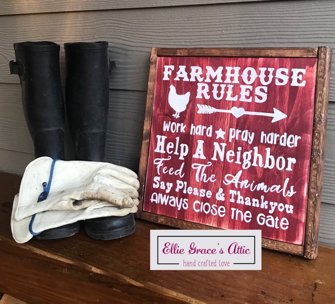 Handmade Farmhouse Rules Sign: Barn Red & White Lettering - Etsy