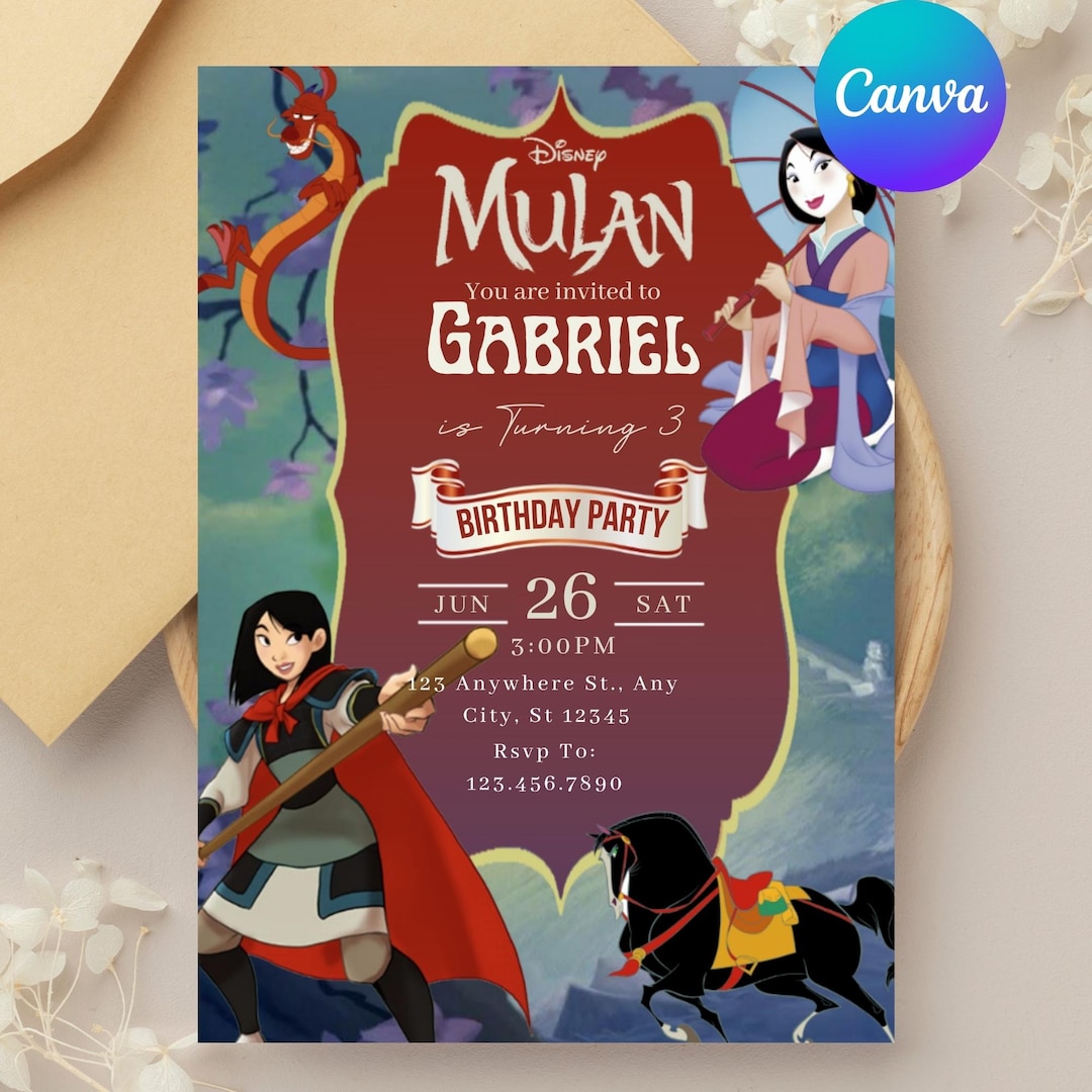 Editable Princess Mulan Birthday Invitation: Princess Birthday Template ...