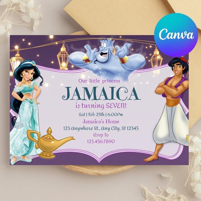 Aladdin Jasmine Princess Birthday Invitation: Girls Party Birthday ...