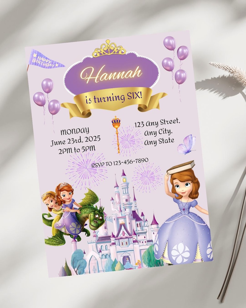 Editable Sofia Princess Birthday Party Invitation, Printable Girls ...