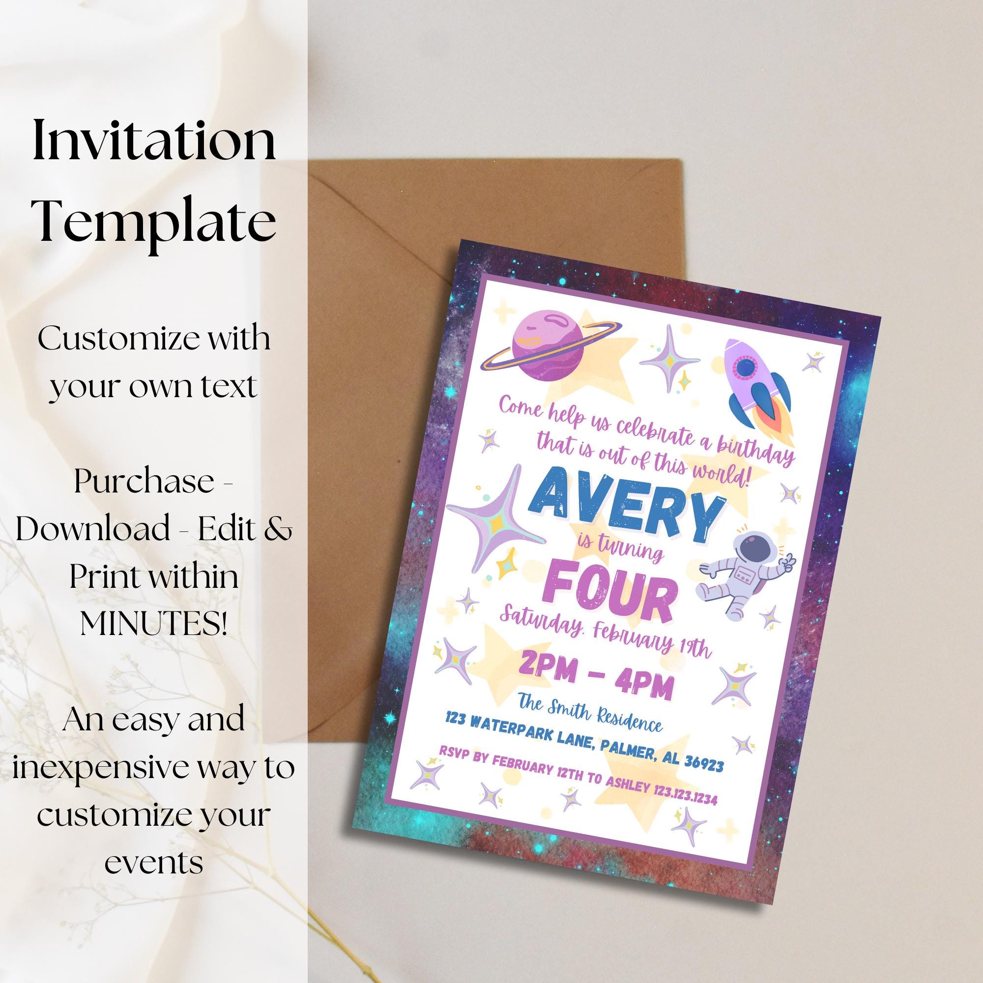 EDITABLE Space Birthday Party Invitation, Galaxy Party Invitation ...