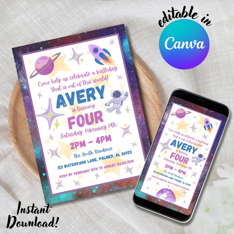 EDITABLE Space Birthday Party Invitation, Galaxy Party Invitation ...