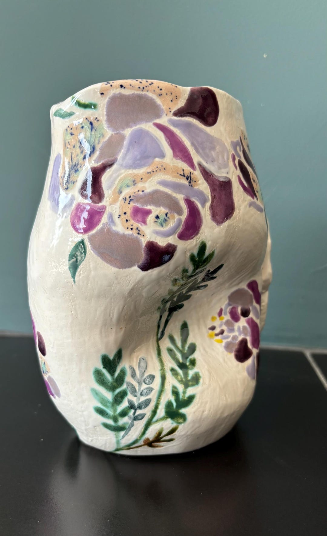 Hand Built Rose Garden Earthenware Coil Vase Featuring Colourful Roses ...