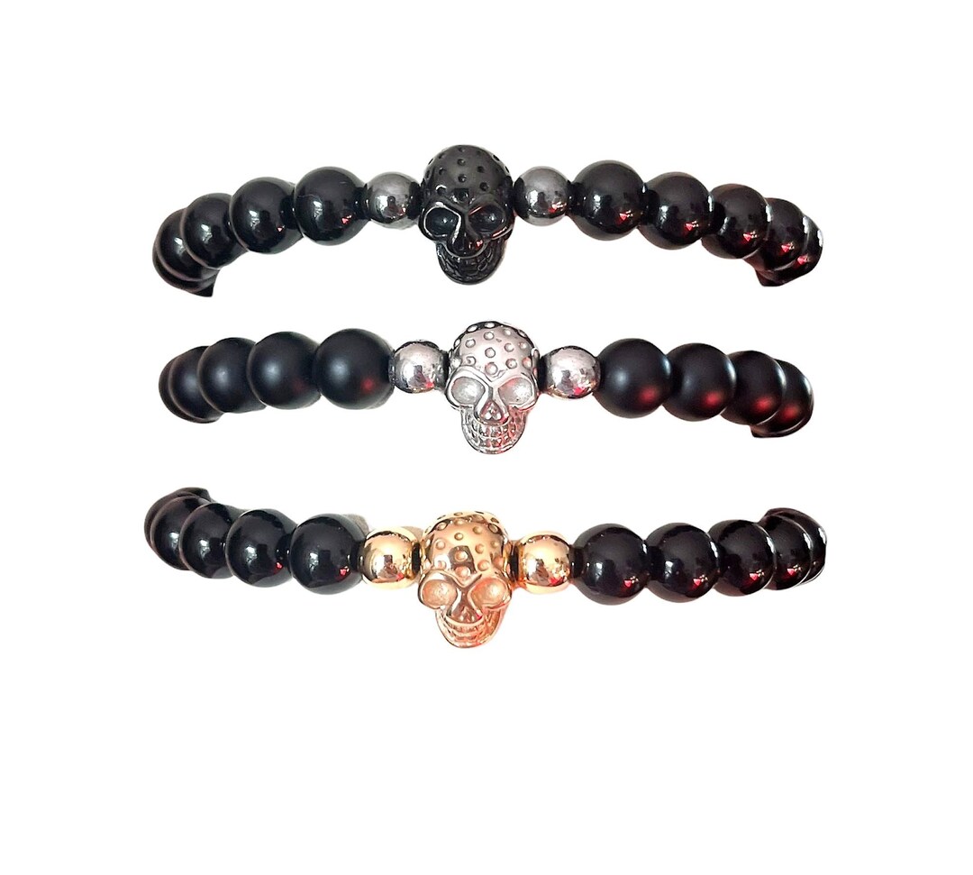 Mens Skull Bracelet, Mens Beaded Bracelet, Skull Macrame Bracelet ...
