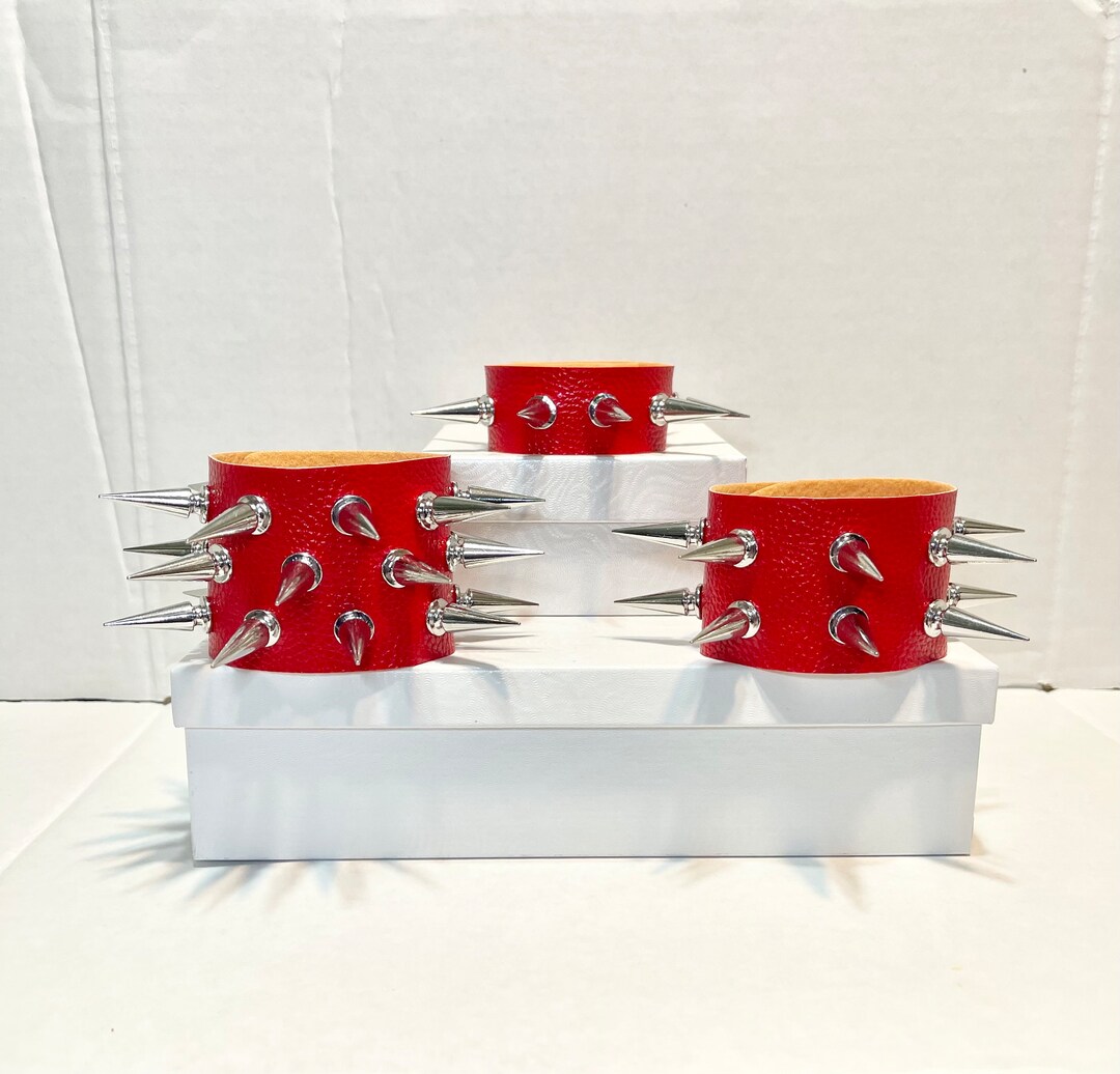 Red Spiked Cuff Bracelets, Three Row Spiked Bracelet, Two Row Spiked ...