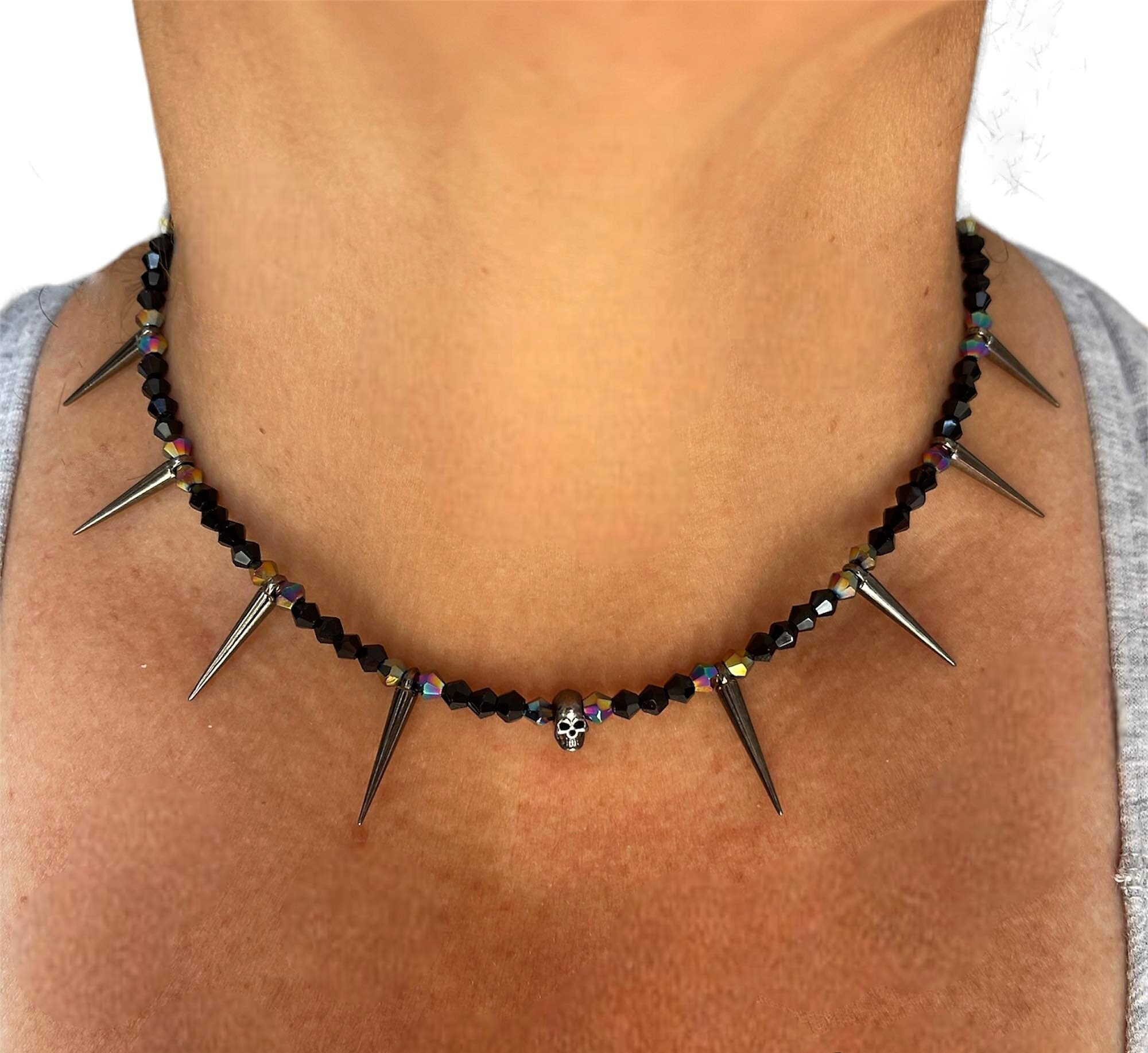Spiked Skull Beaded Necklace Swarovski Crystals Spiked - Etsy