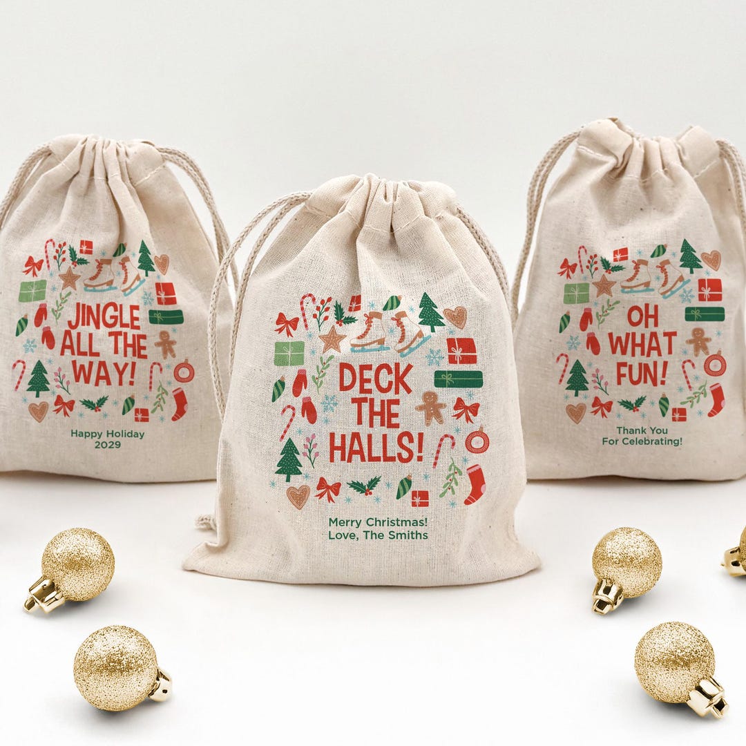 Custom Mini Drawstring Bags, Hand Drawn Christmas Icons, Deck the Halls ...