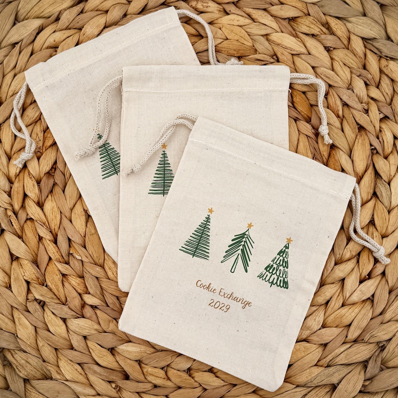 Hand Drawn Christmas Tree Drawstring Goodie Bags, Custom Mini ...