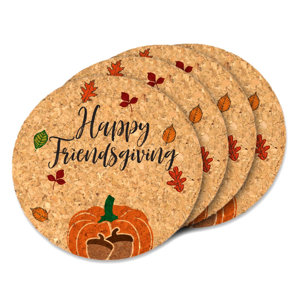 Friendsgiving Favor Coasters, Happy Friendsgiving Round Cork Coasters ...