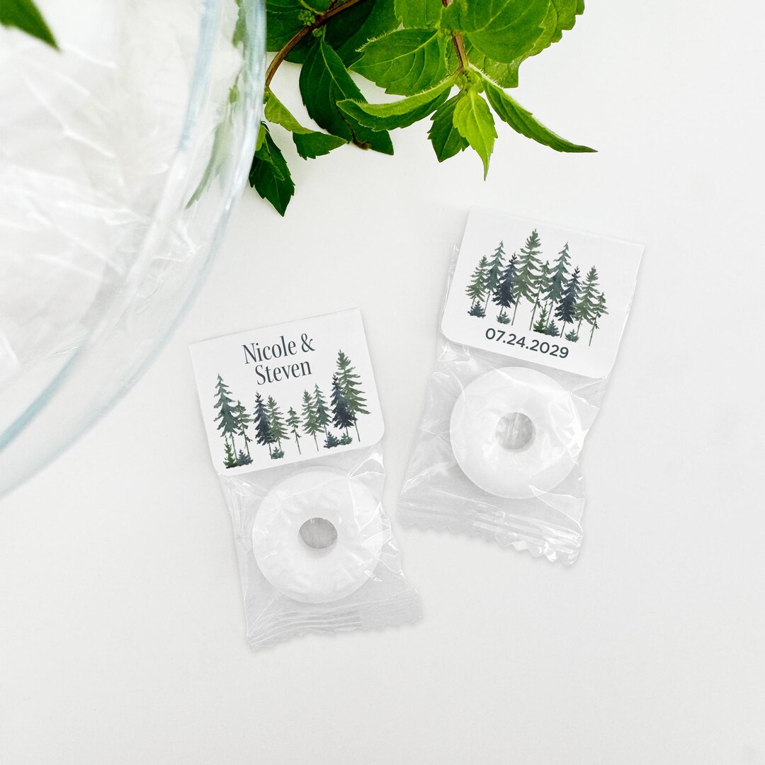 Wedding Favor Mints, Watercolor Forest Trees, Rustic Winter Party Gift ...