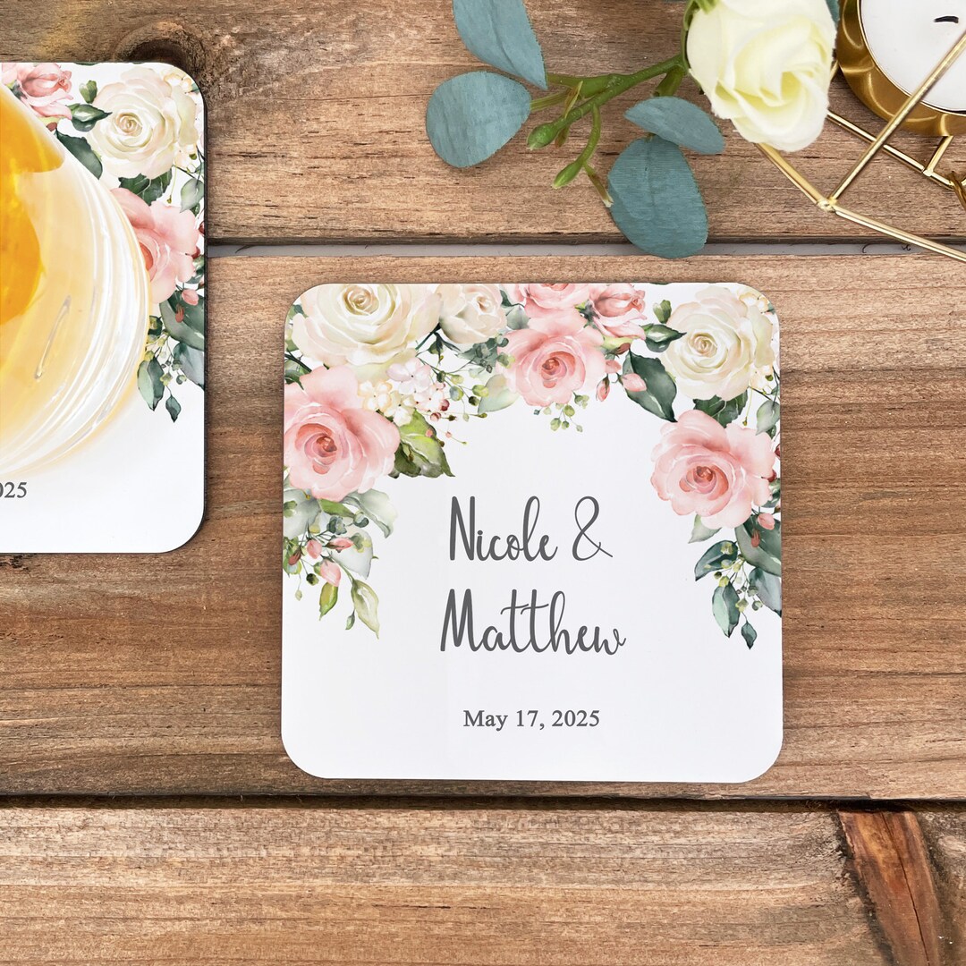 Personalized Wedding Coasters, Pink and White Floral Wedding Coaster ...
