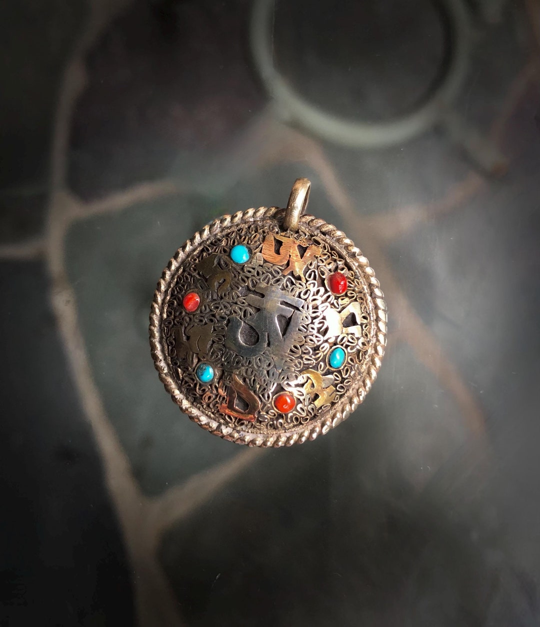 Vintage "om" Tibetan Kalachakra Silver Over Bronze Filigree Pendant ...