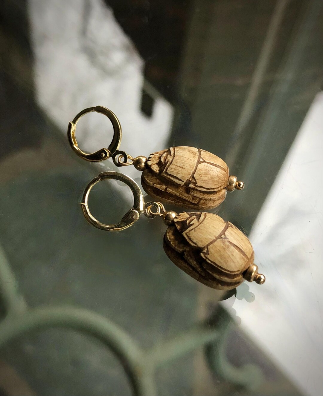 Vintage C. 1940 Fossil Jasper Scarab Dangles Up-cycled Onto 14K Gold ...
