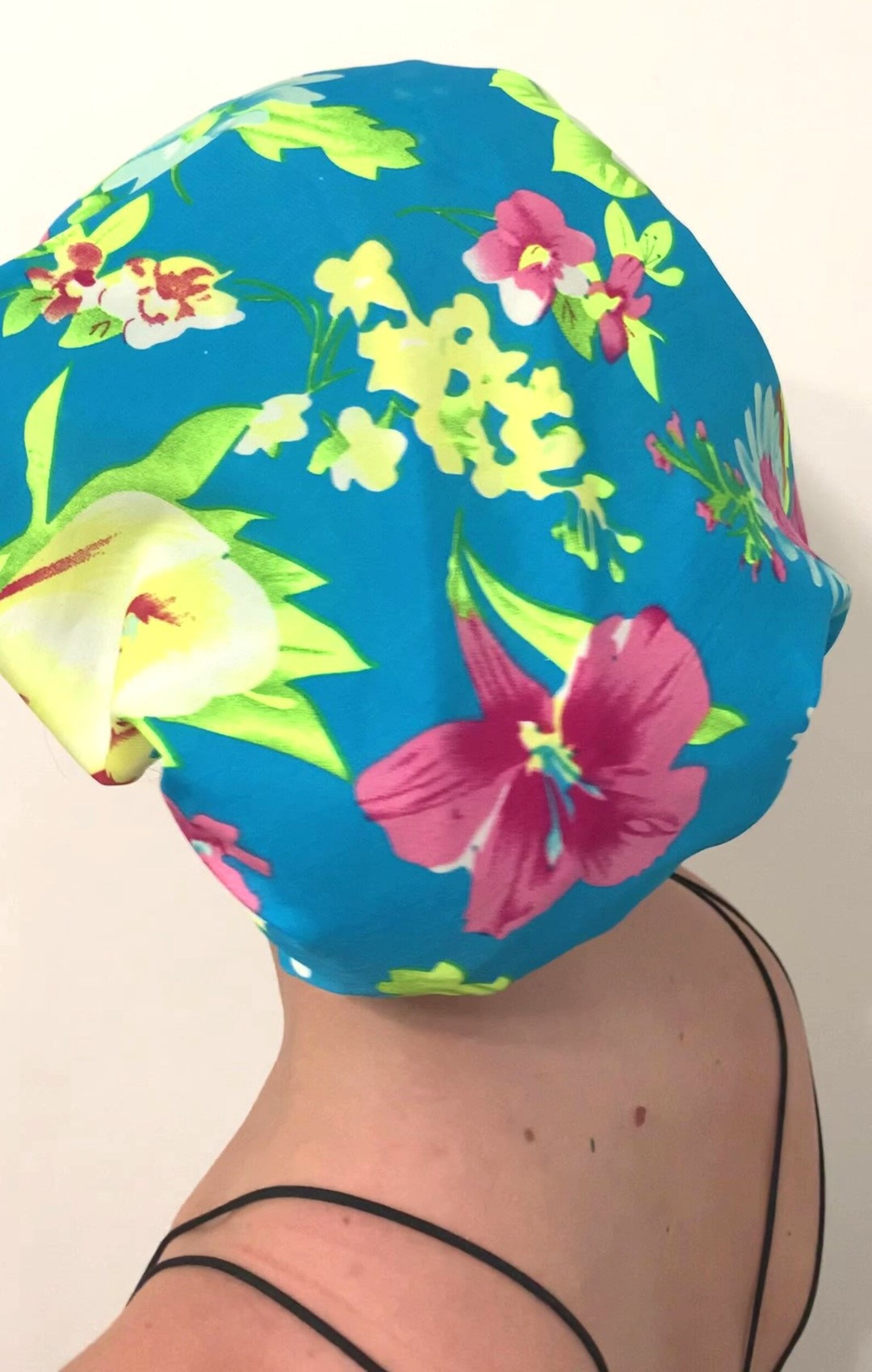 Blue Shower Cap, Waterproof Shower Cap, Floral Silky Soft Fabric ...