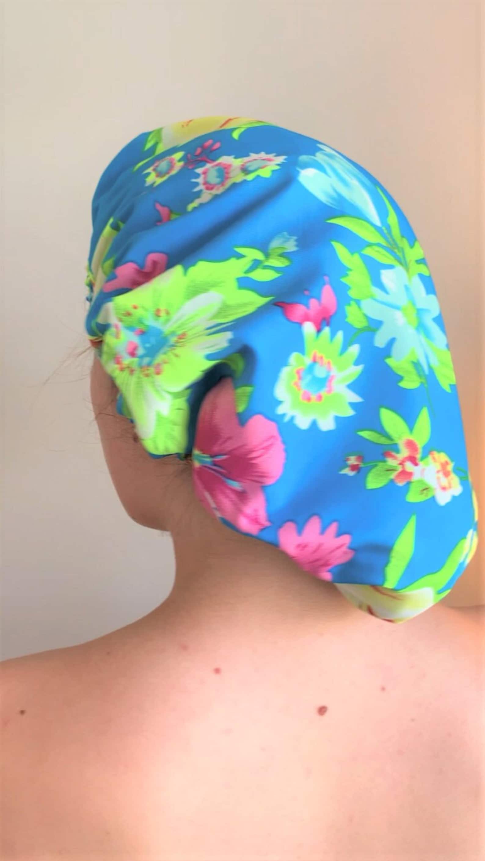 Blue Shower Cap, Waterproof Shower Cap, Floral Silky Soft Fabric ...