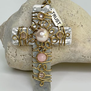 Beaded Cross Necklace/large Pink Pearl & Crystal Beaded Cross Necklace ...