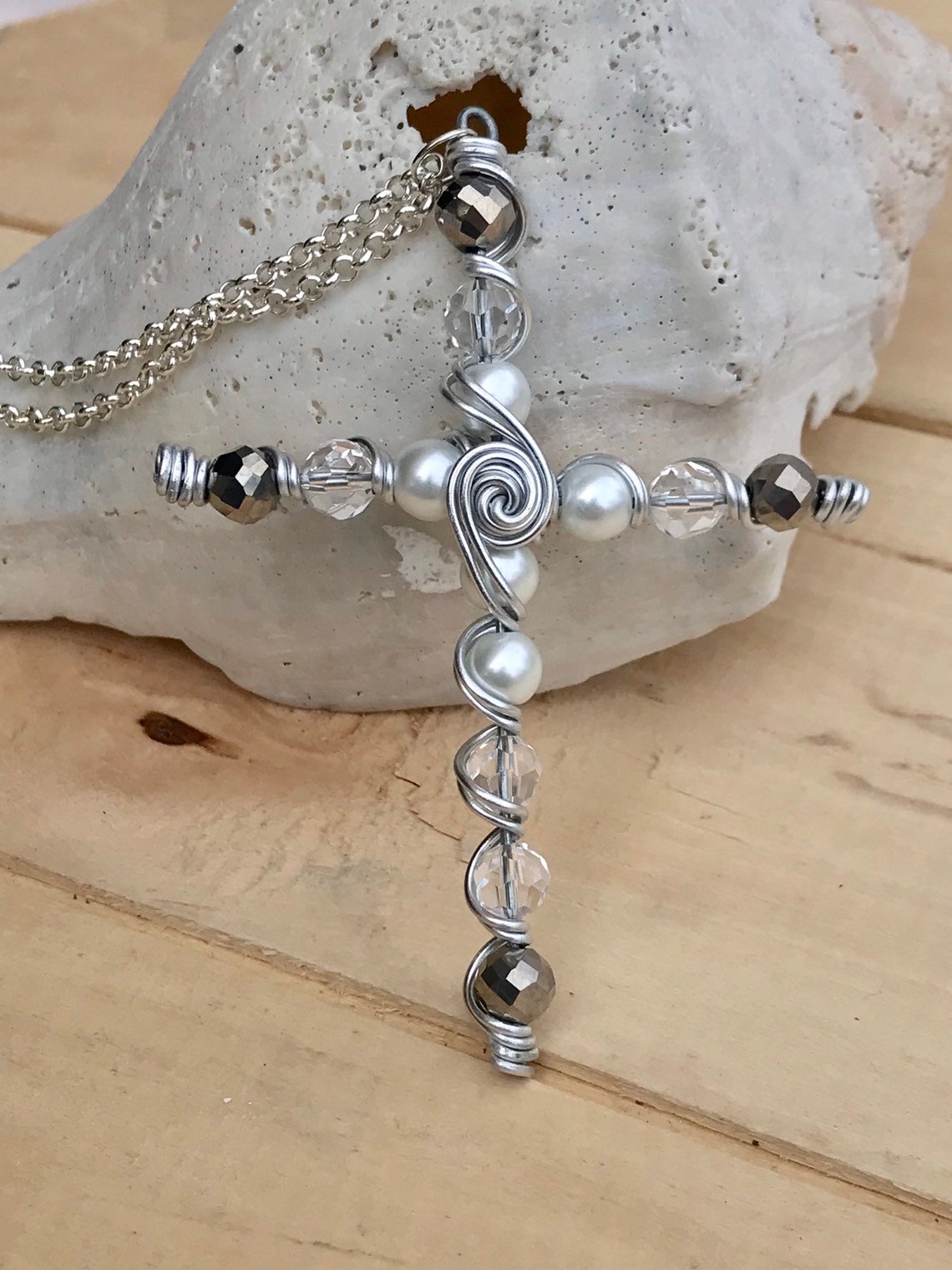 Large White Pearl Beaded Cross Necklace/christian Gift/small Cross ...