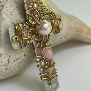 Beaded Cross Necklace/large Pink Pearl & Crystal Beaded Cross Necklace ...
