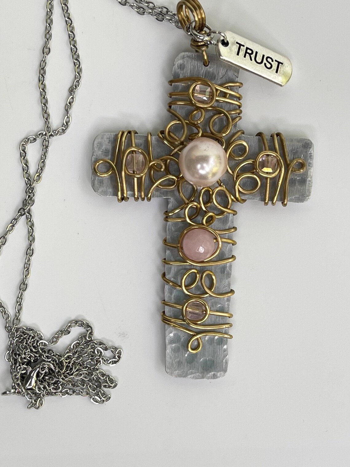 Beaded Cross Necklace/large Pink Pearl & Crystal Beaded Cross Necklace ...