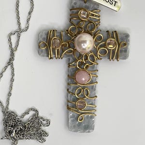 Beaded Cross Necklace/large Pink Pearl & Crystal Beaded Cross Necklace ...