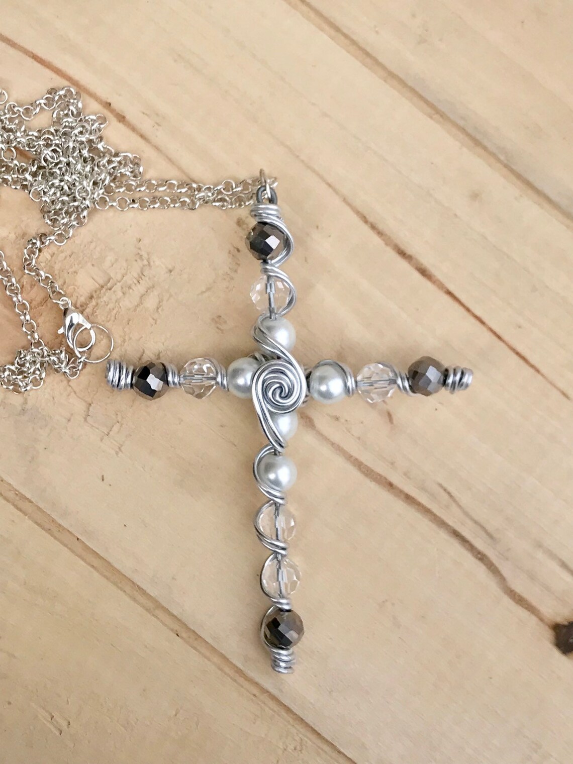 Large White Pearl Beaded Cross Necklace/christian Gift/small Cross ...