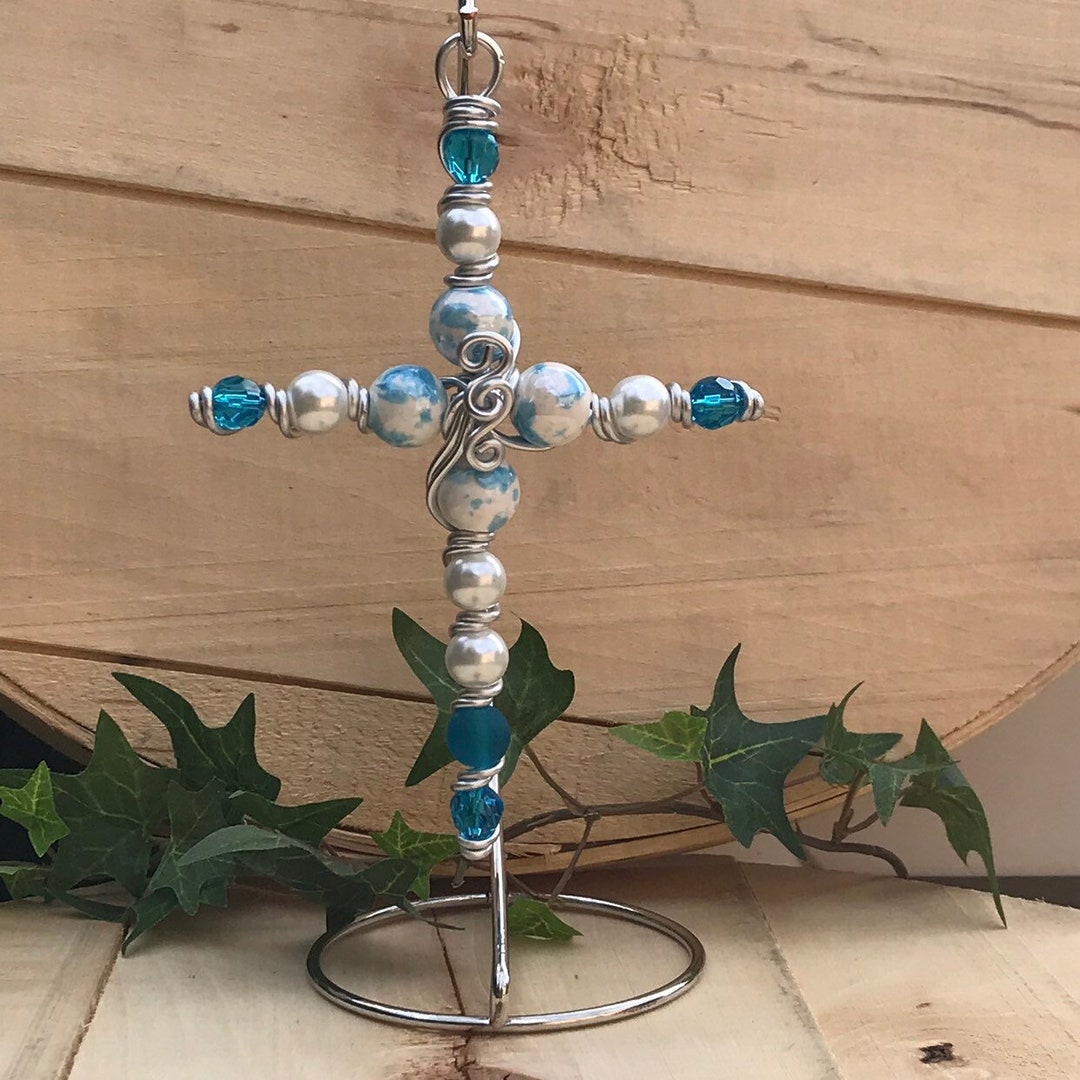 New Baby Boy Hanging Cross/beaded Cross/baby Blue & White - Etsy