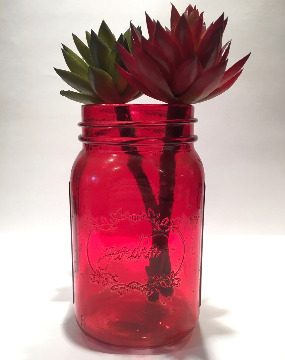 Red Jardin Mason Jar With Faux Flowers - Etsy