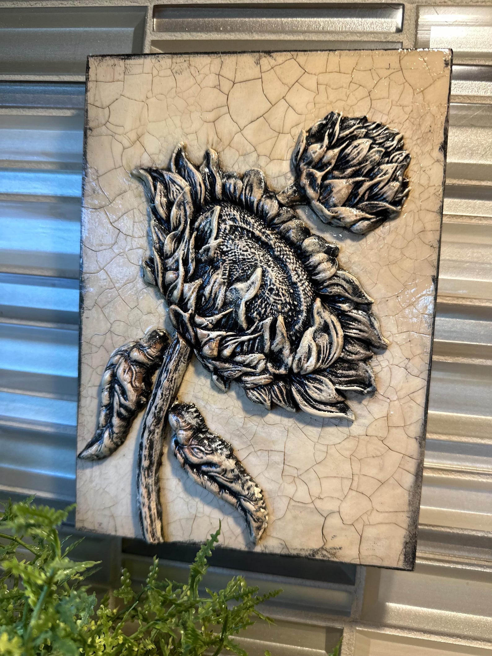 Handmade Sunflower Memory Tile: Crackle Finish Clay Wall Decor, Black ...