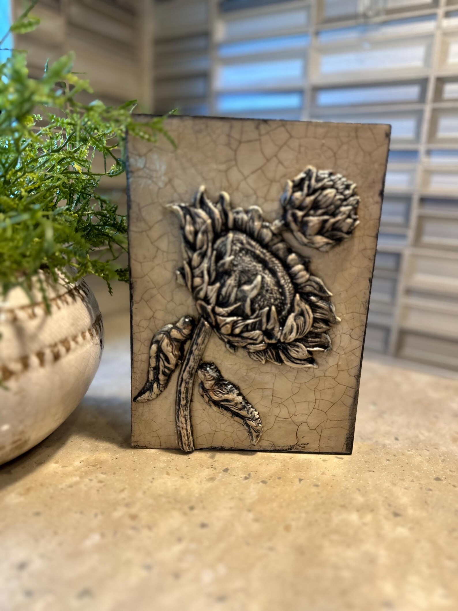 Handmade Sunflower Memory Tile: Crackle Finish Clay Wall Decor, Black ...