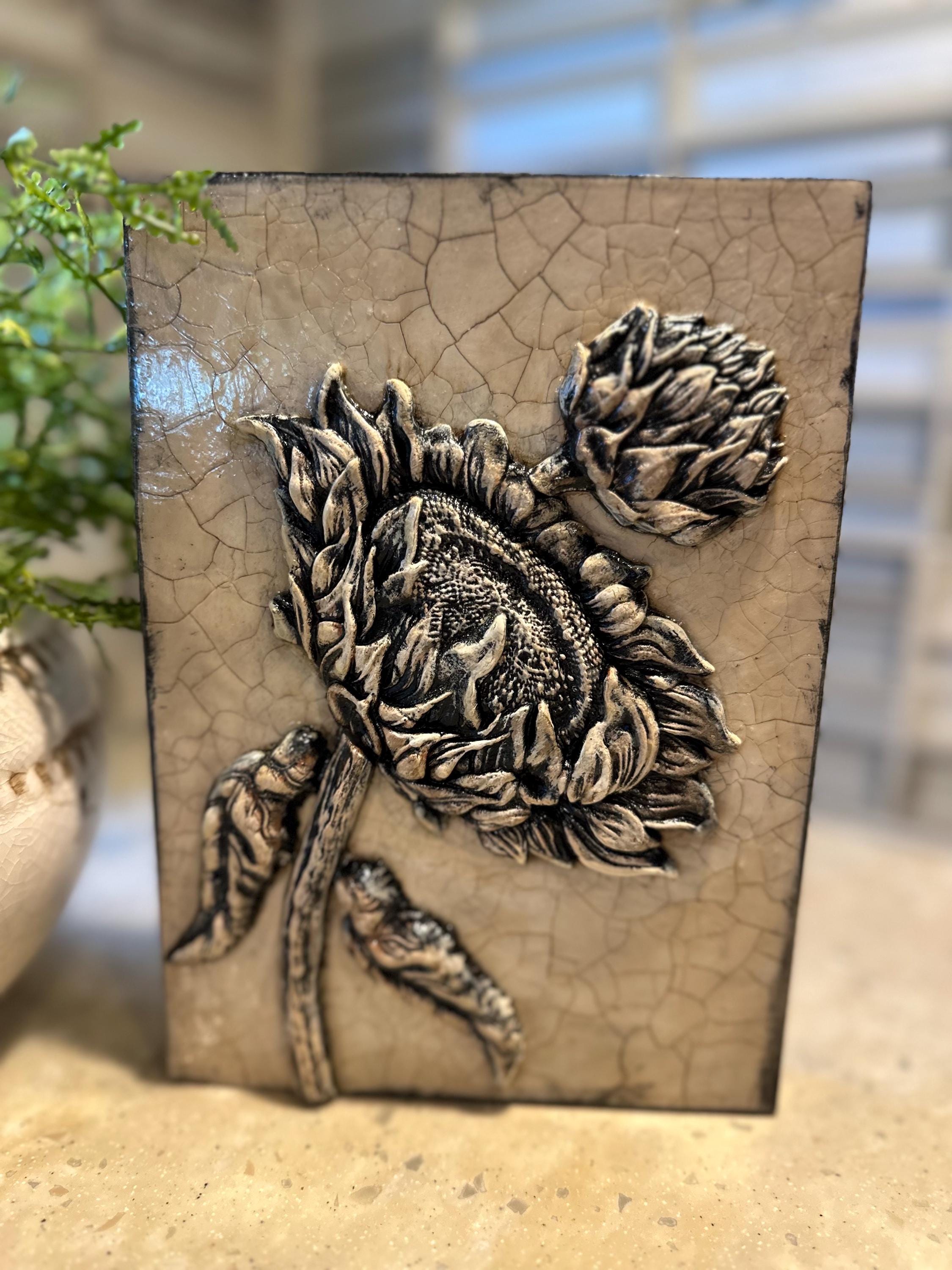 Handmade Sunflower Memory Tile: Crackle Finish Clay Wall Decor, Black ...