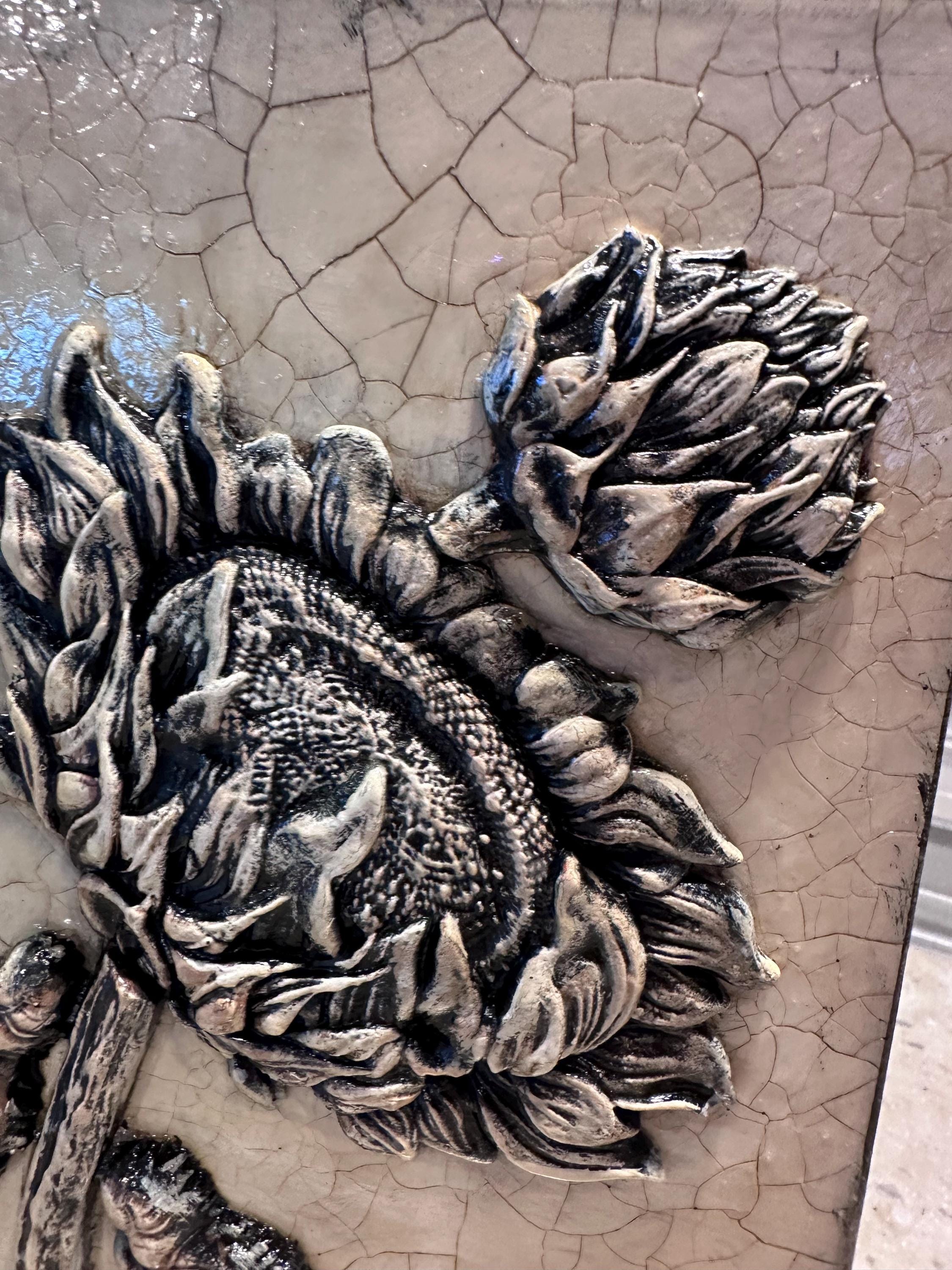 Handmade Sunflower Memory Tile: Crackle Finish Clay Wall Decor, Black ...