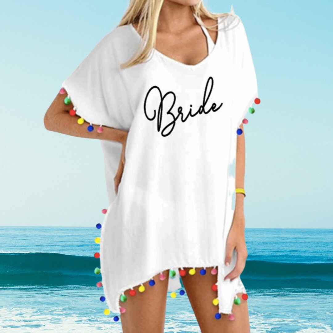 Bride Swimsuit Cover up Bride Beach Cover up Bride Pool Cover Pom Pom ...