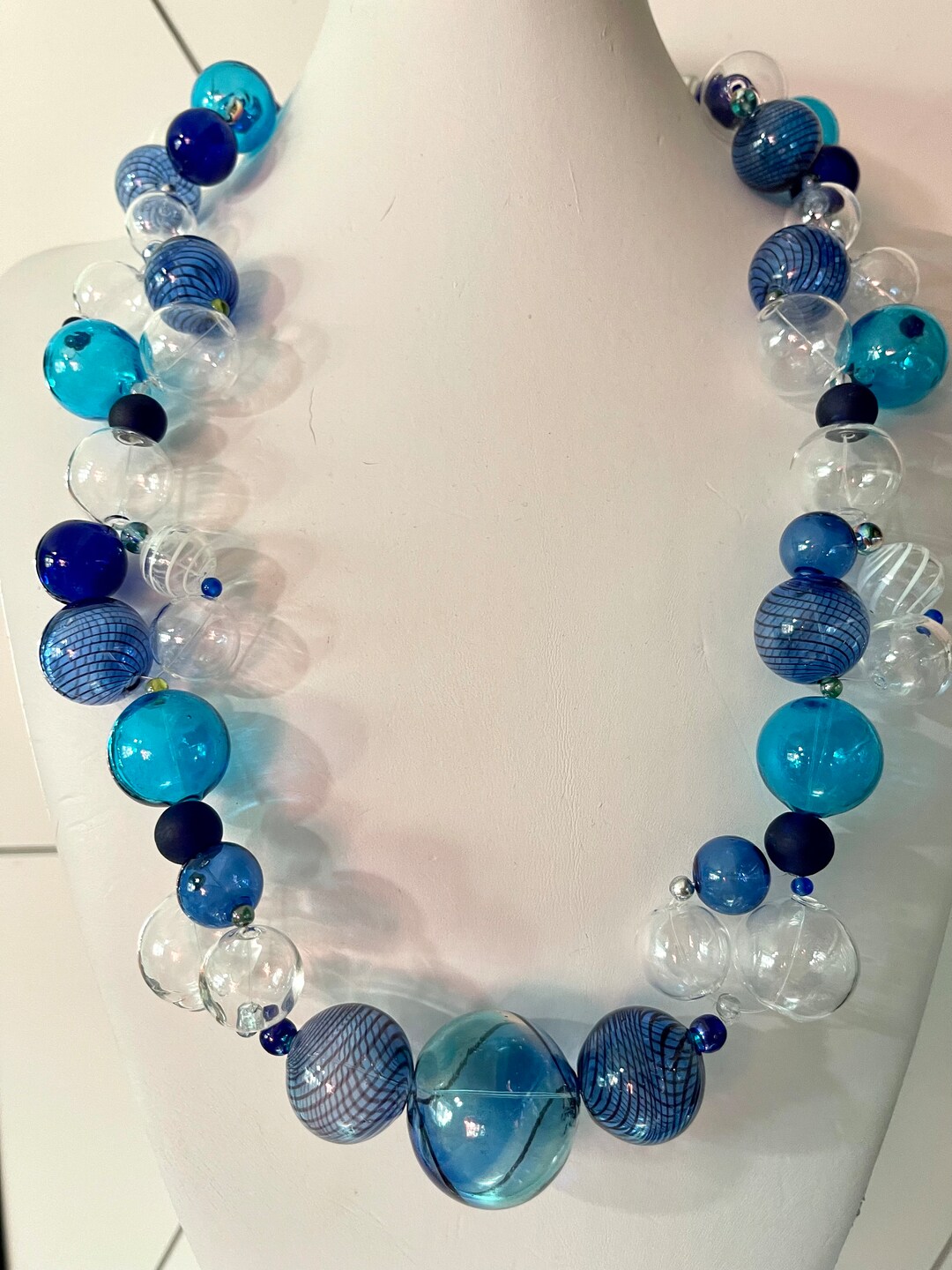 Bubble Necklace, Cobalt Blue, Cyan and Clear Hollow Glass Beads ...