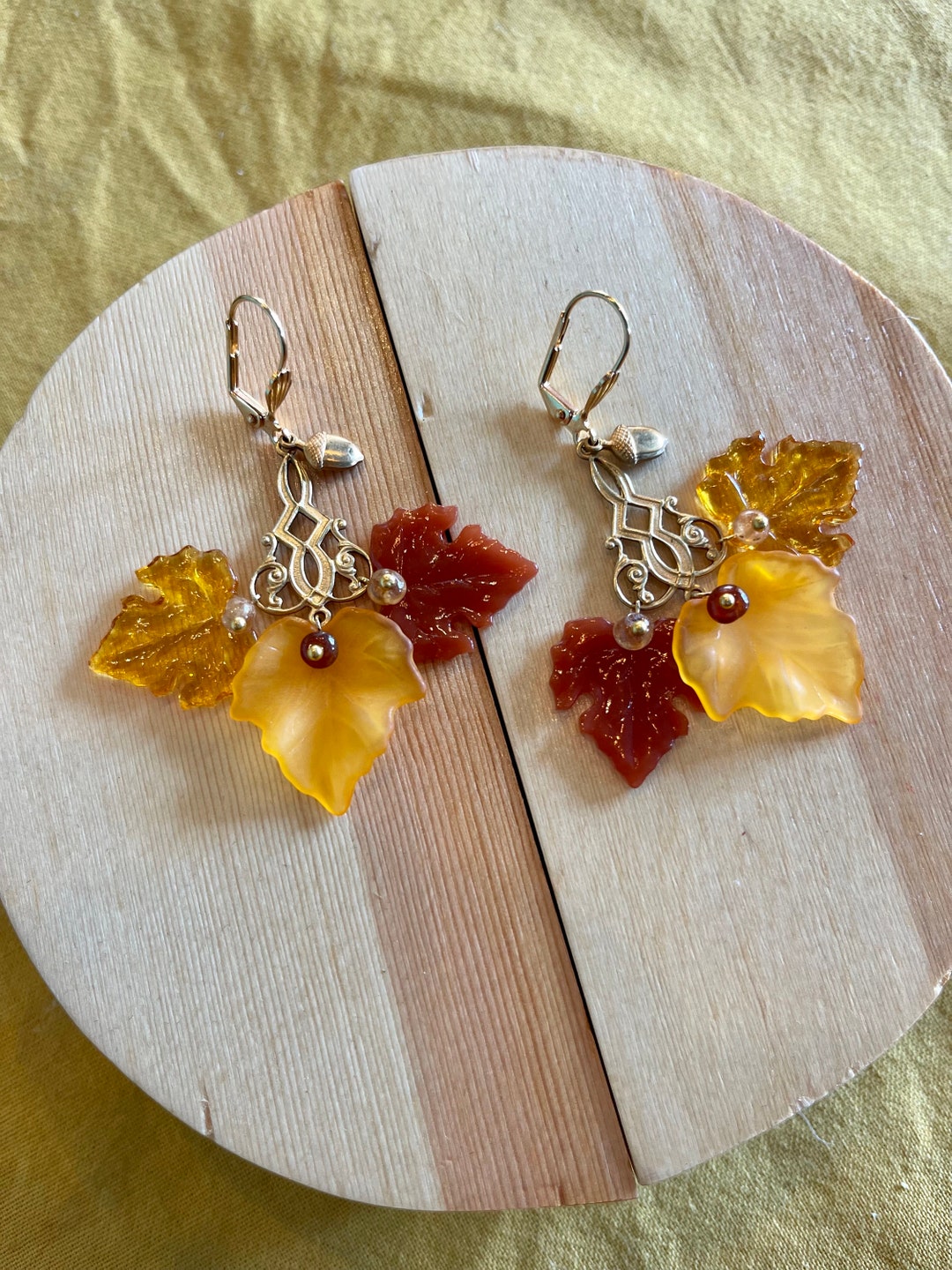 Art Nouveau Leaf Drop Acorn Bead Chandelier Earrings. Amber Beads ...