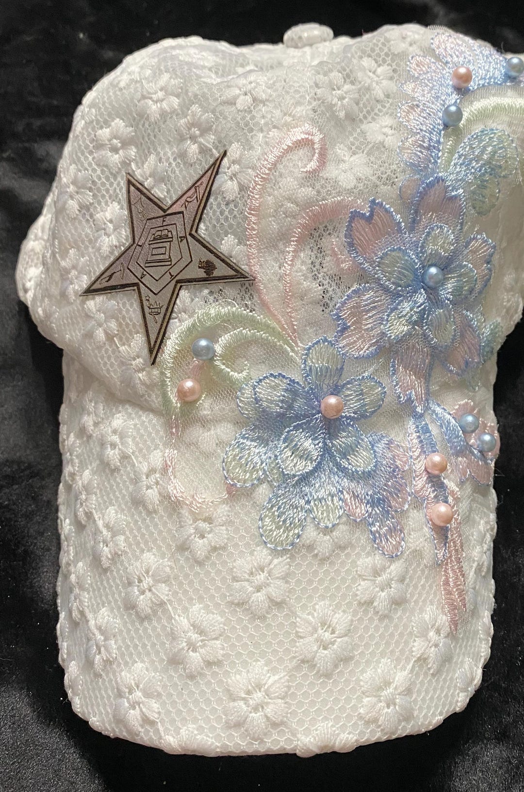 Order of the Eastern Star White Lace Ball Cap With Embroidered Flowers ...
