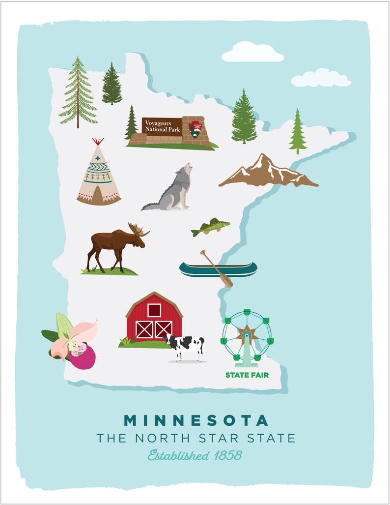 Minnesota State Art Print Illustrated Minnesota Map Home - Etsy