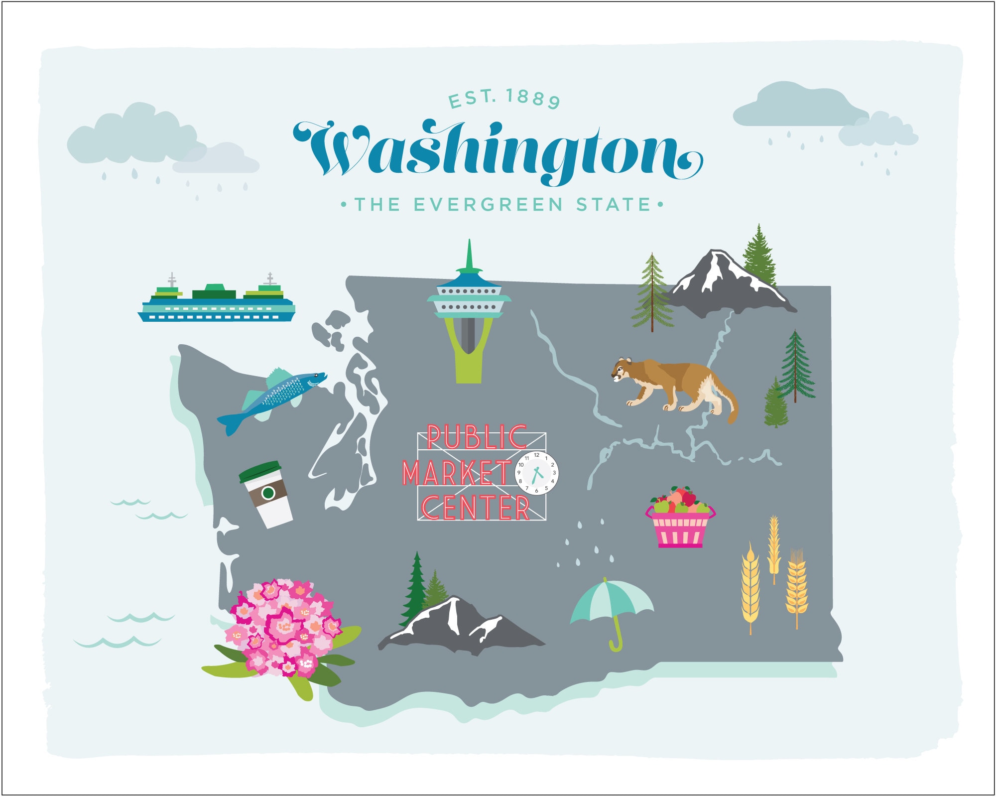 Illustrated Washington State Map Art Print: Colorful Wall Art - Etsy