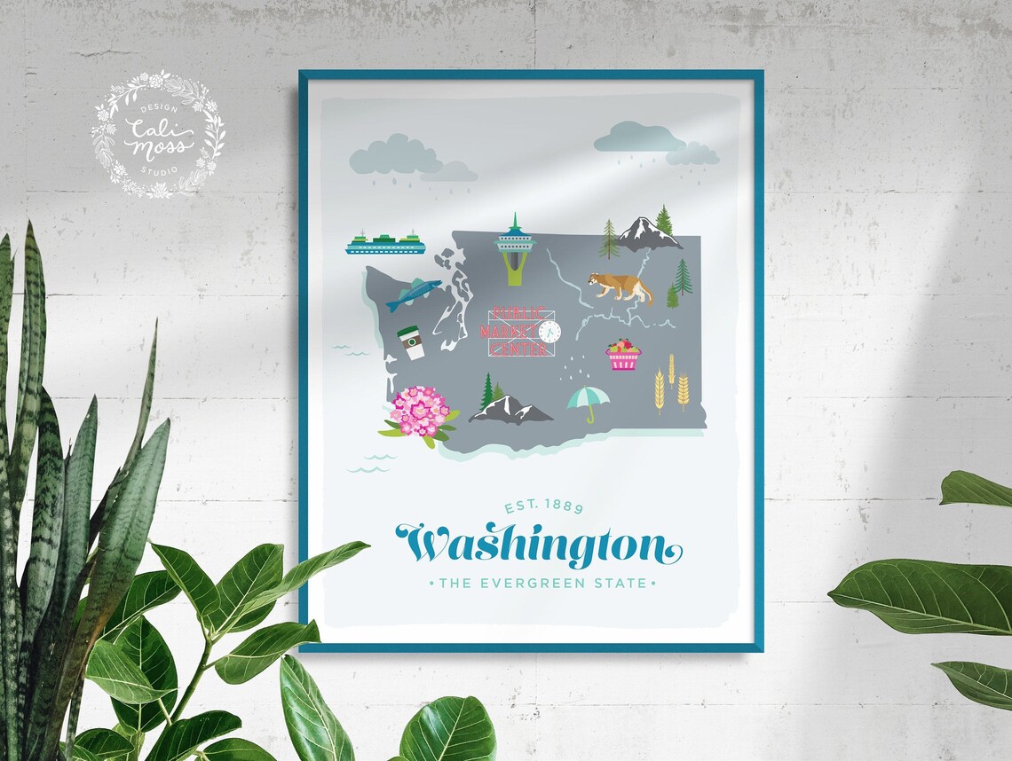 Washington State Map Print Travel Poster USA Poster - Etsy