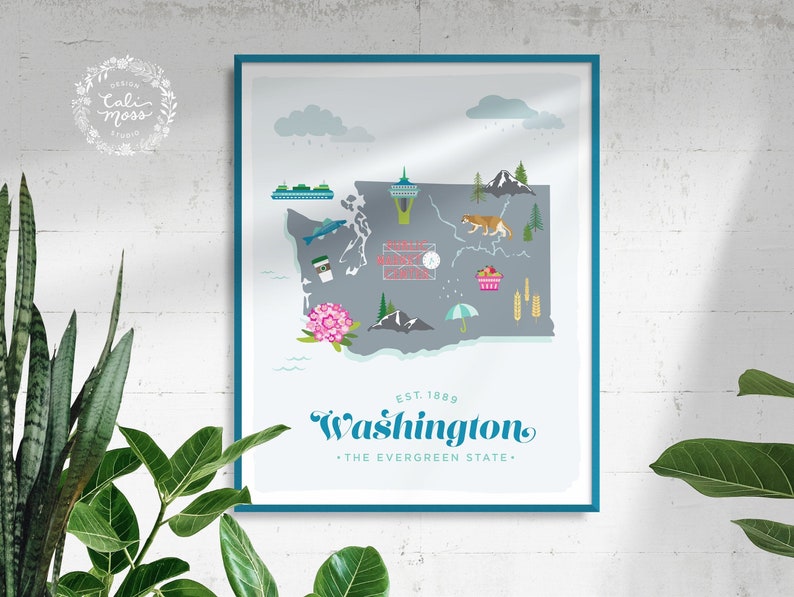 Washington State Map Print Travel Poster USA Poster Illustrated ...