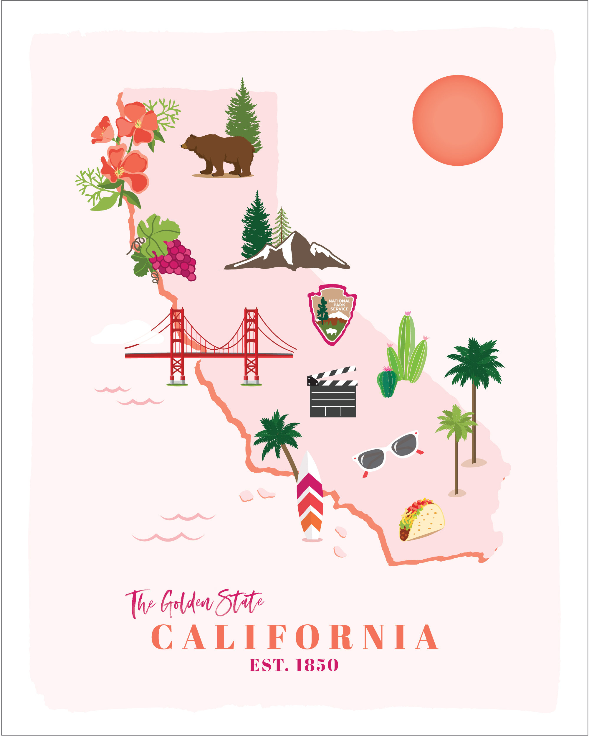 California State Map Illustration | Pink Art Print | California State ...