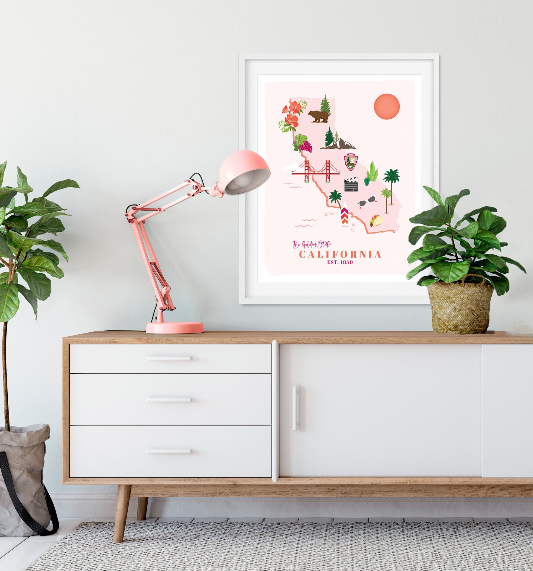 California State Map Illustration Pink Art Print | Etsy