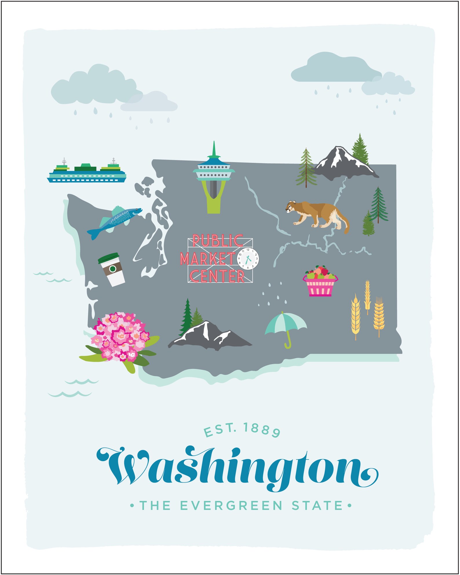 Washington State Map Print Travel Poster USA Poster | Etsy