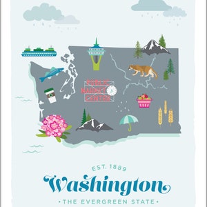 Washington State Map Art Print: Illustrated Travel Poster - Etsy