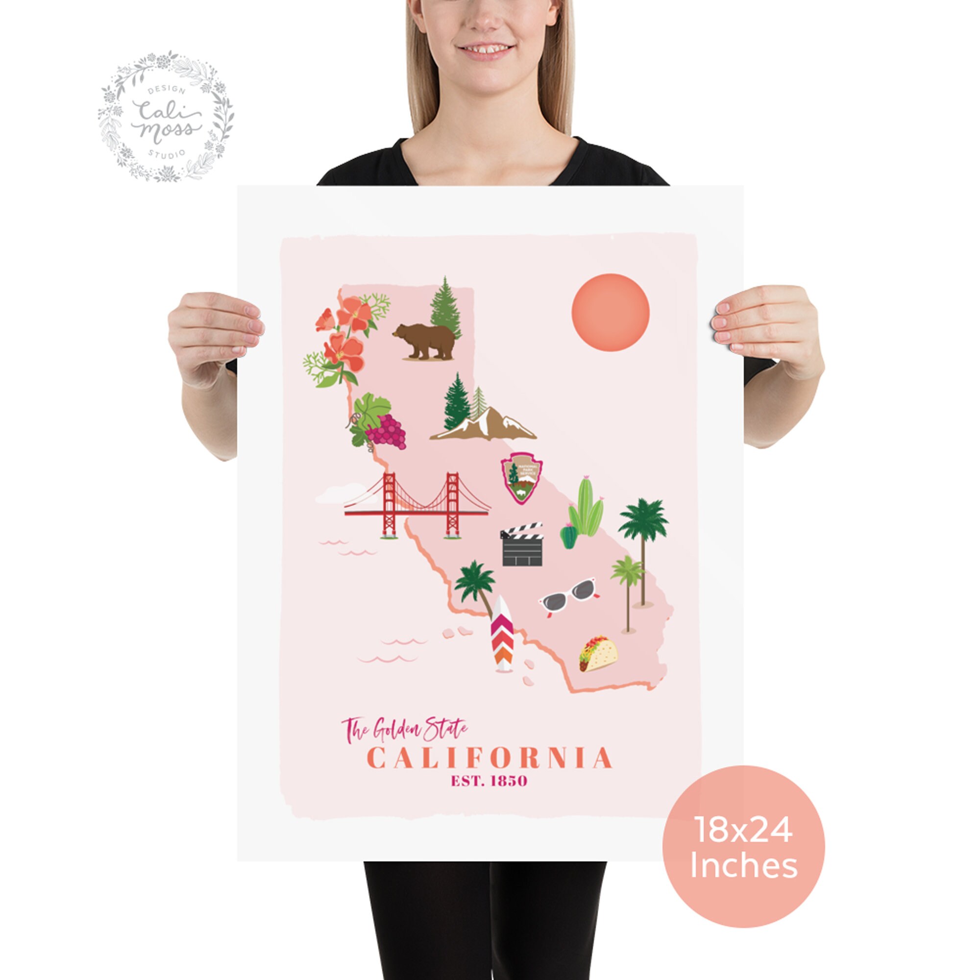 California State Map Illustration Pink Art Print | Etsy