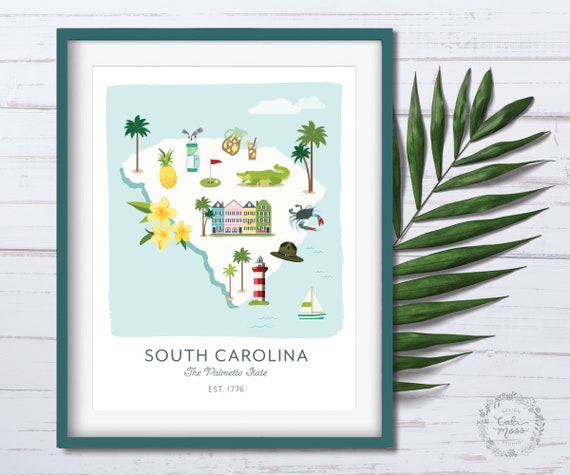 South Carolina Landmarks Map State Art Prints North Carolina–