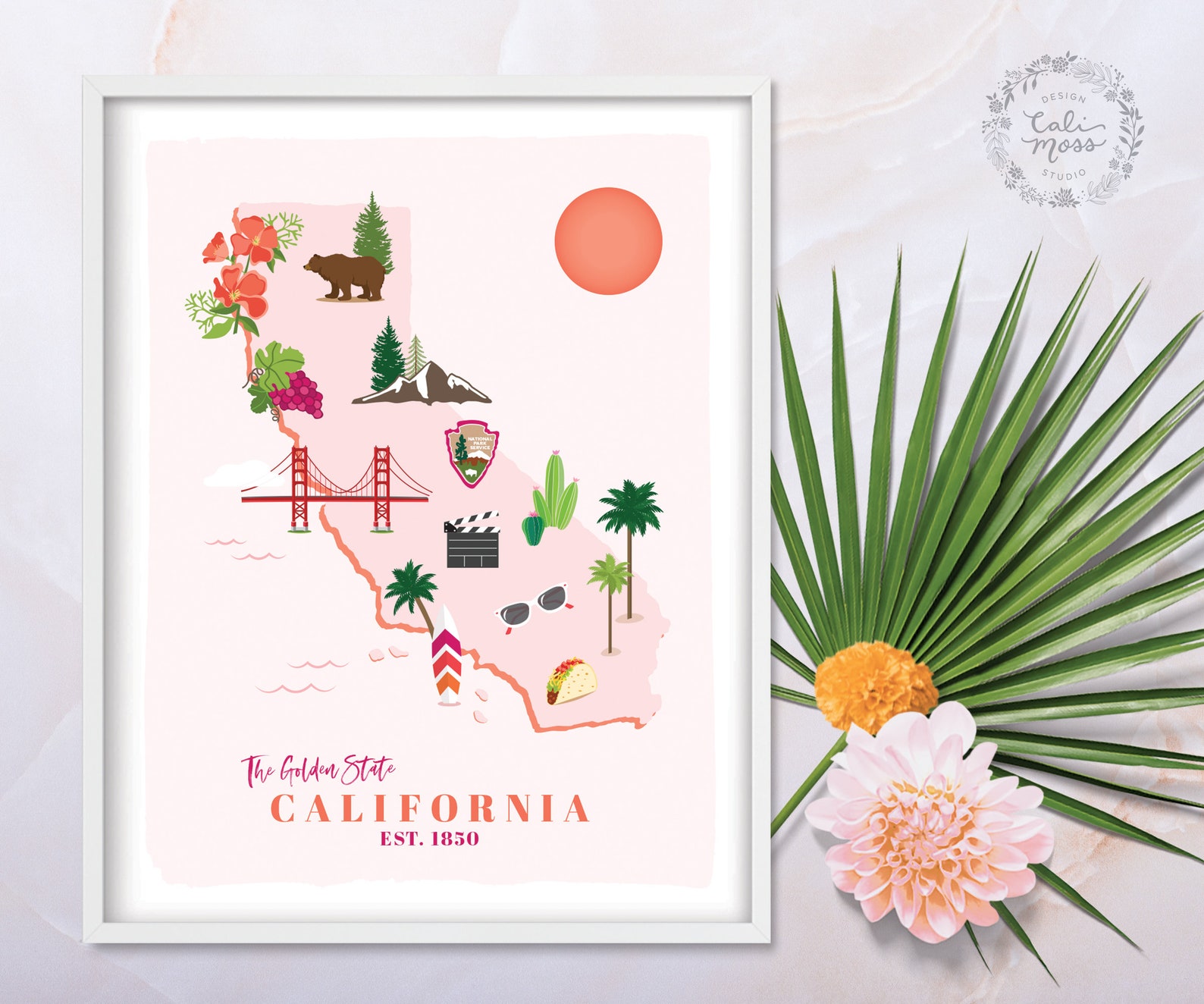 California State Map Illustration | Pink Art Print | California State ...
