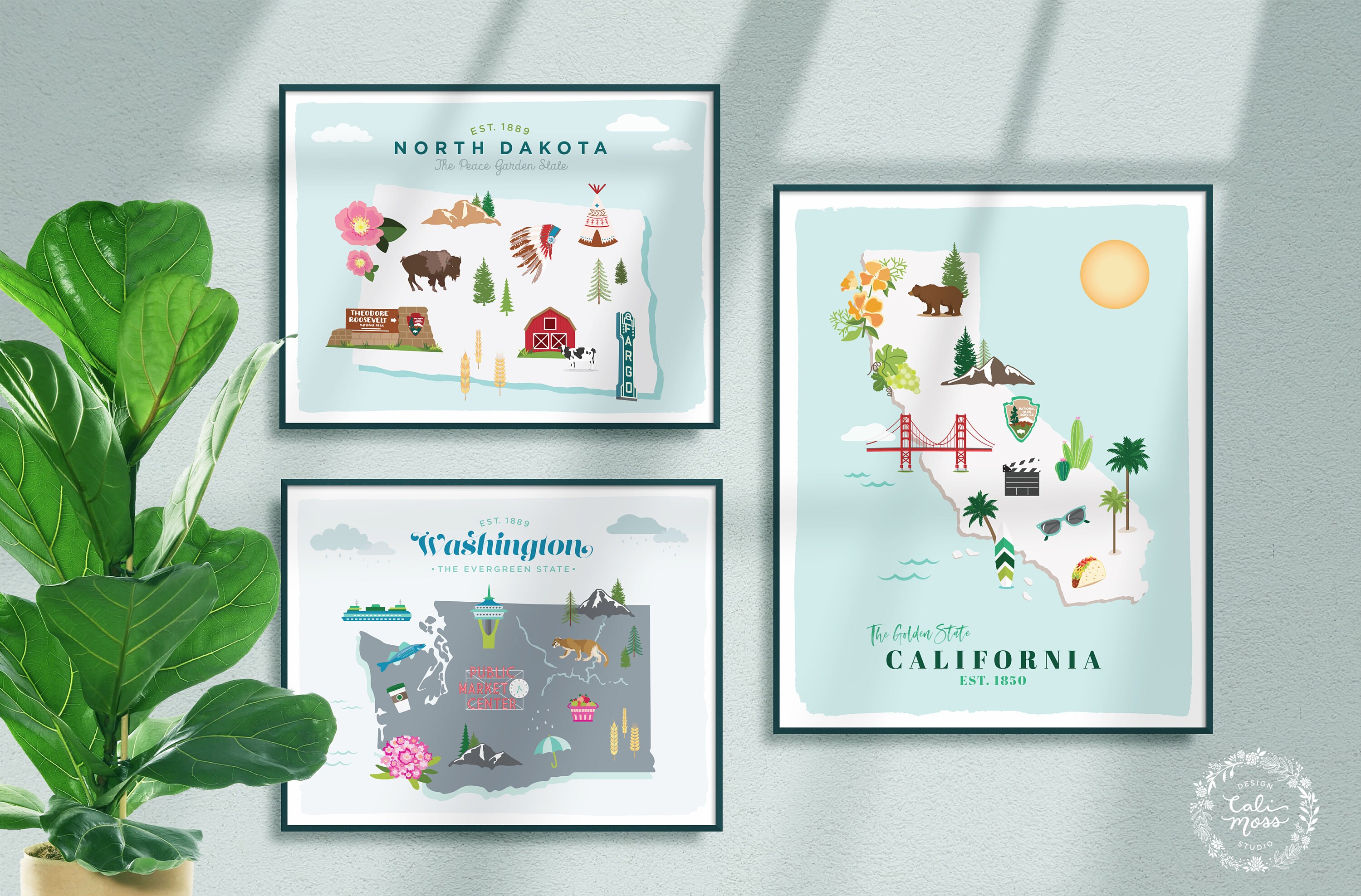 California Map Art Print: Illustrated State Landmarks, Mint Green Decor ...